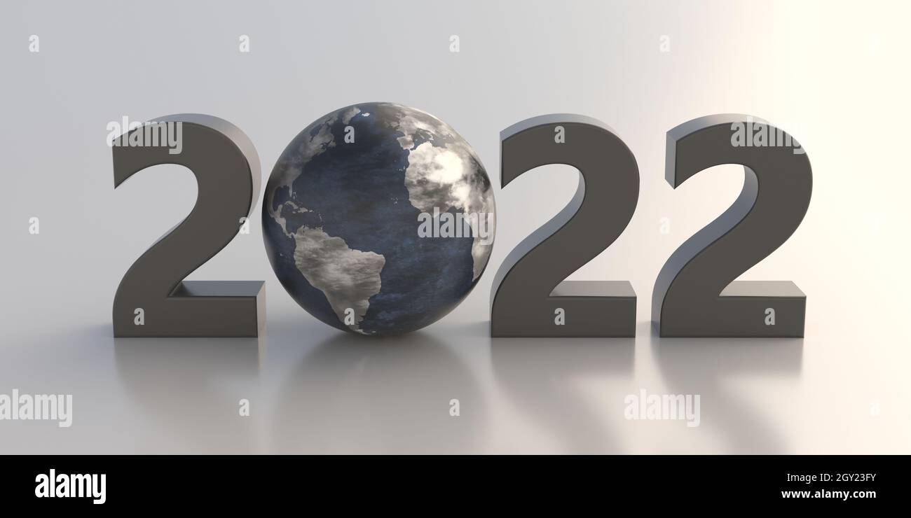 2022 Number digits dark grey color and globe planet Earth on light gray ...