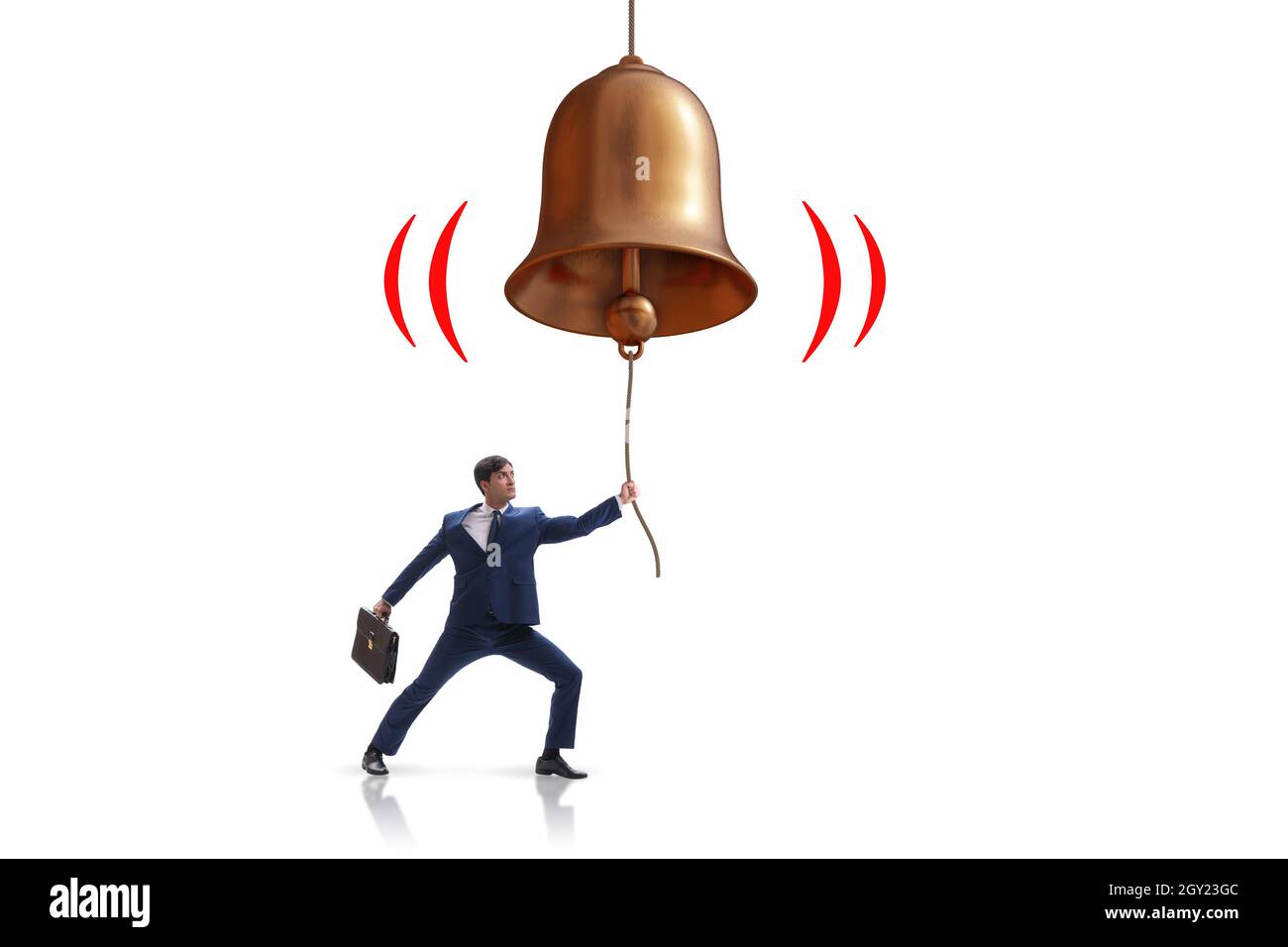 Businessman ringing the bell in case of the danger Stock Photo - Alamy