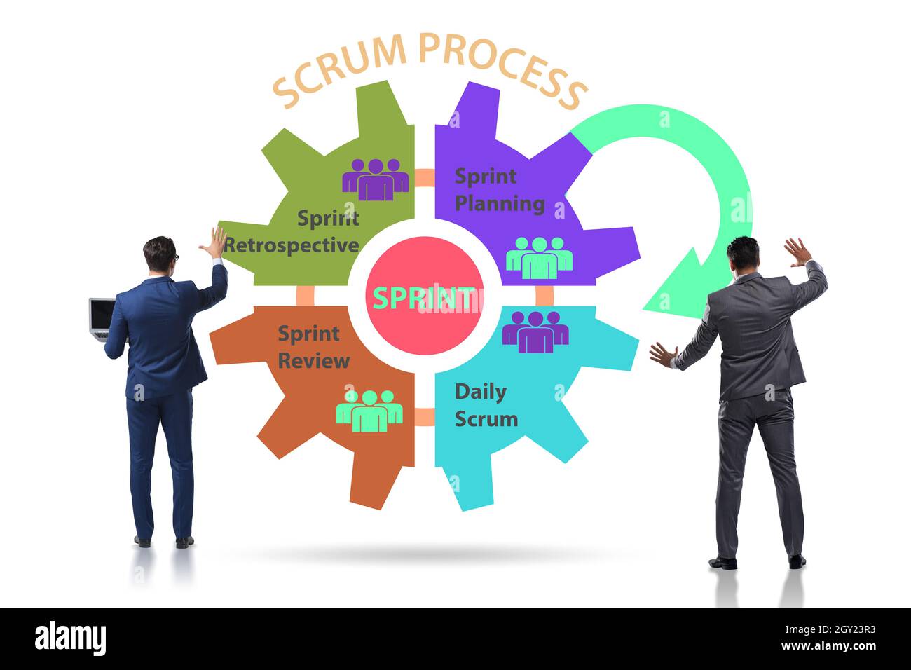 Scrum process illustration with the businessman Stock Photo - Alamy