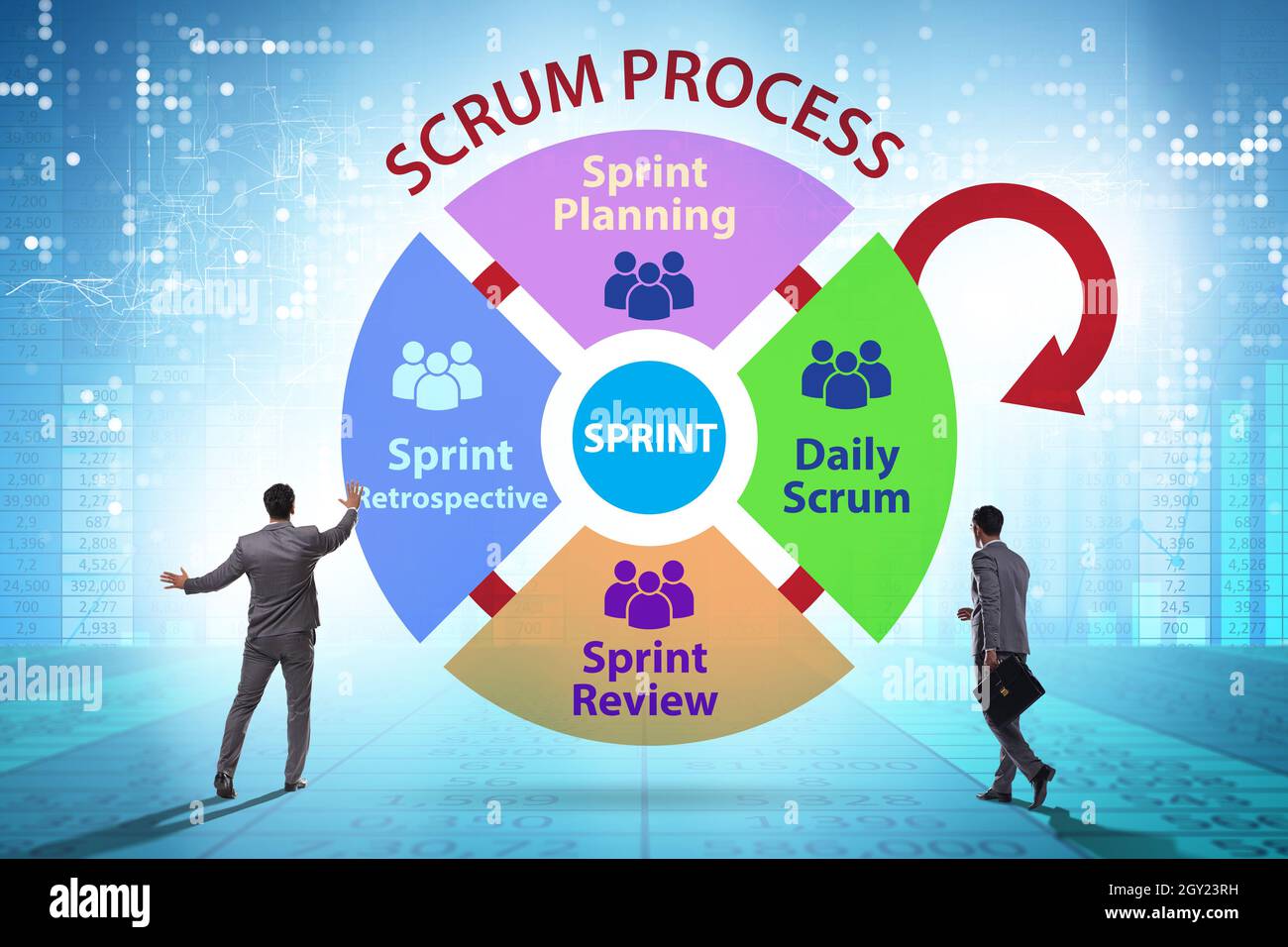 Scrum process illustration with the businessman Stock Photo - Alamy