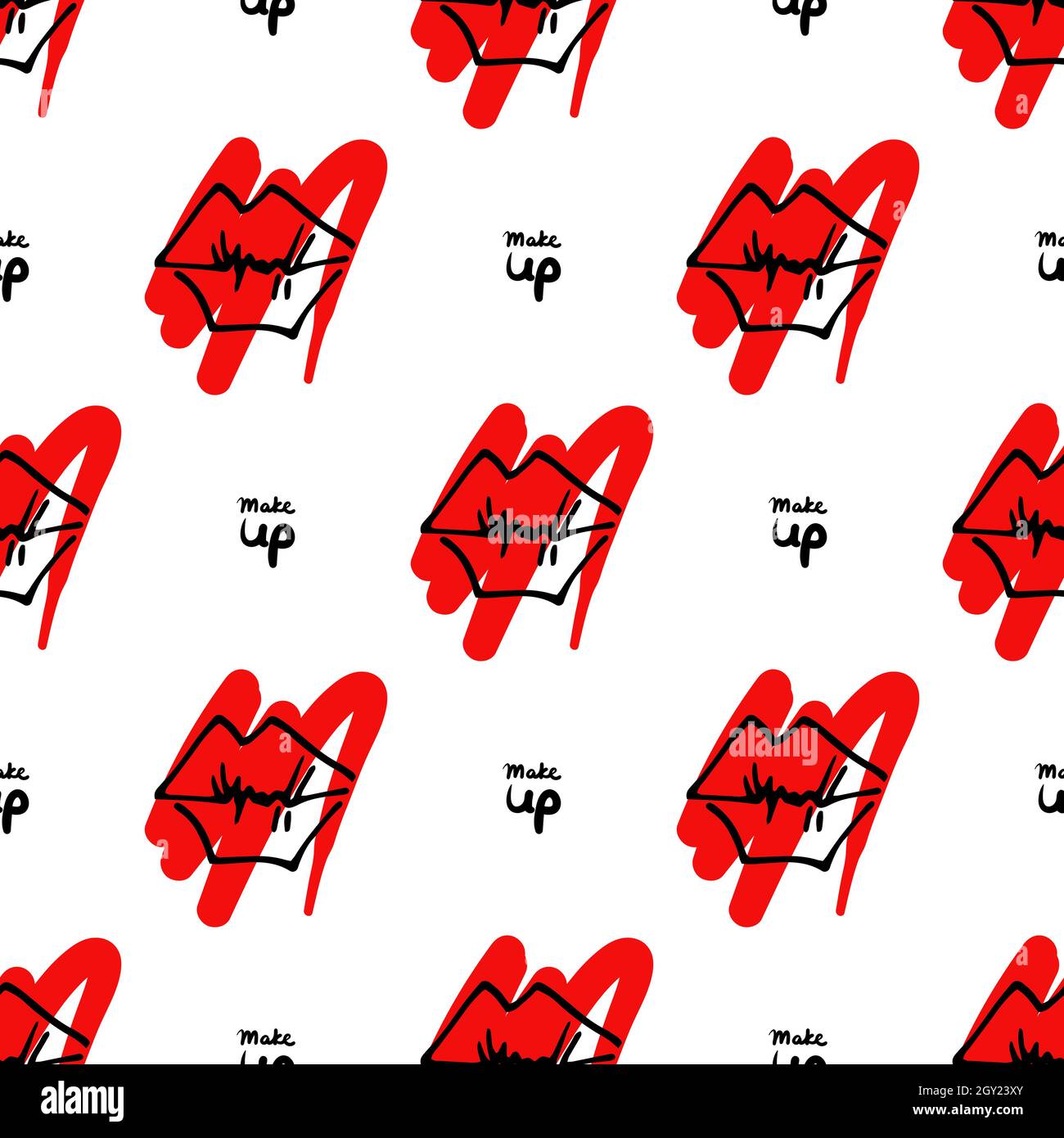 Seamless pattern with lips and the lettering Make up. Abstract red ...