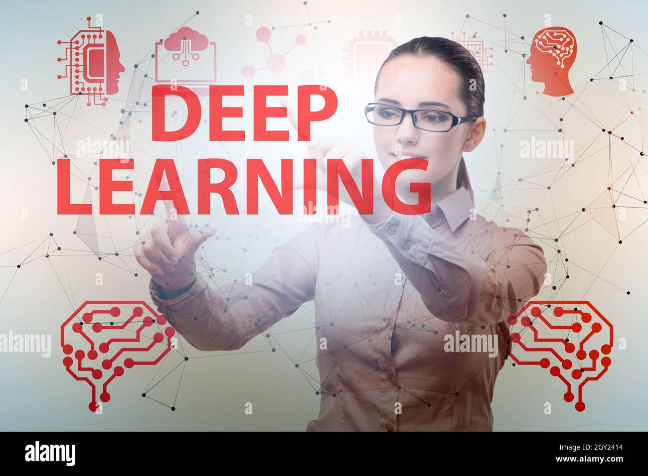 Deep learning concept with the businessman pressing button Stock Photo ...