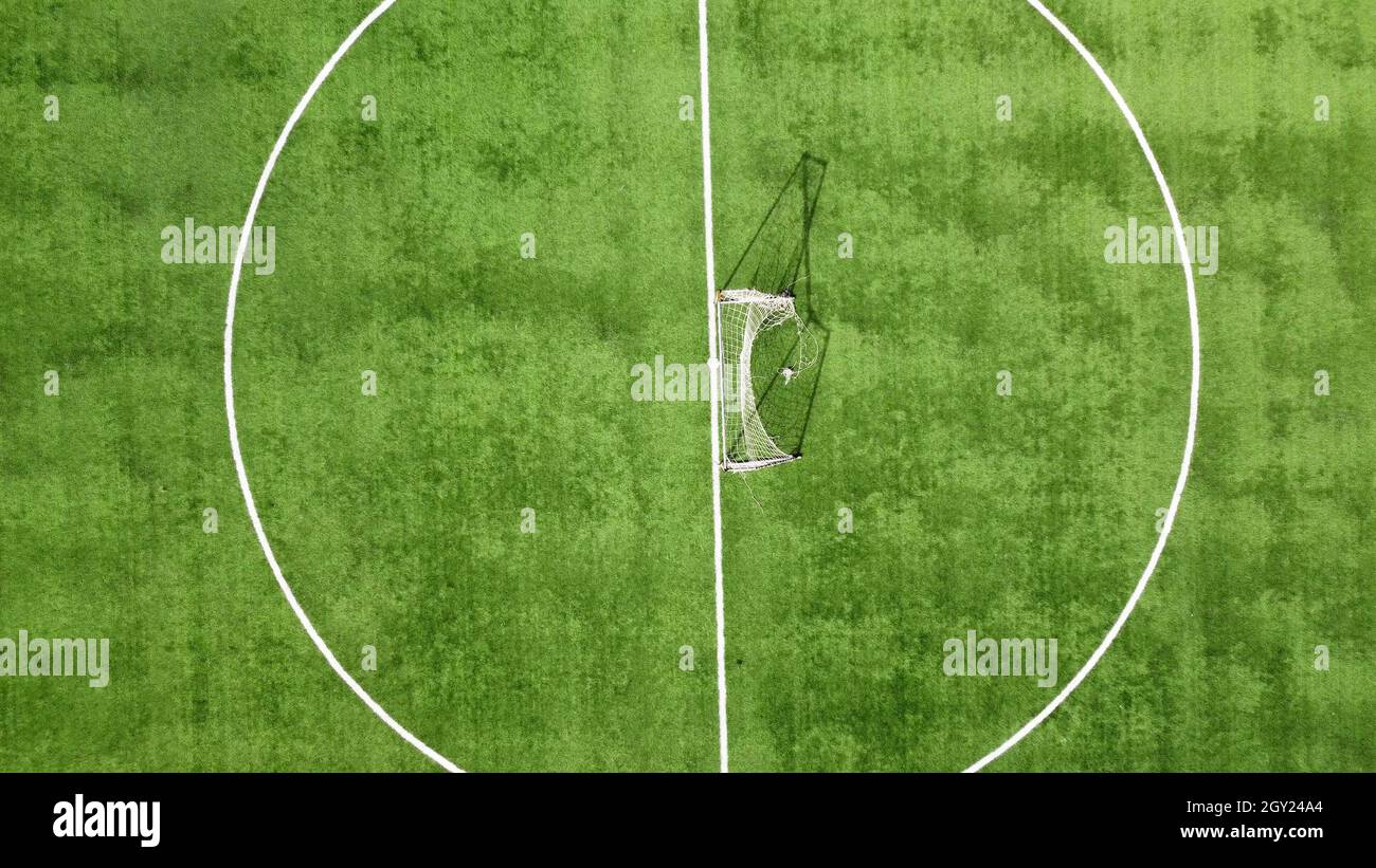 Aerial view of an empty soccer field. Overhead downward 4K footage ...