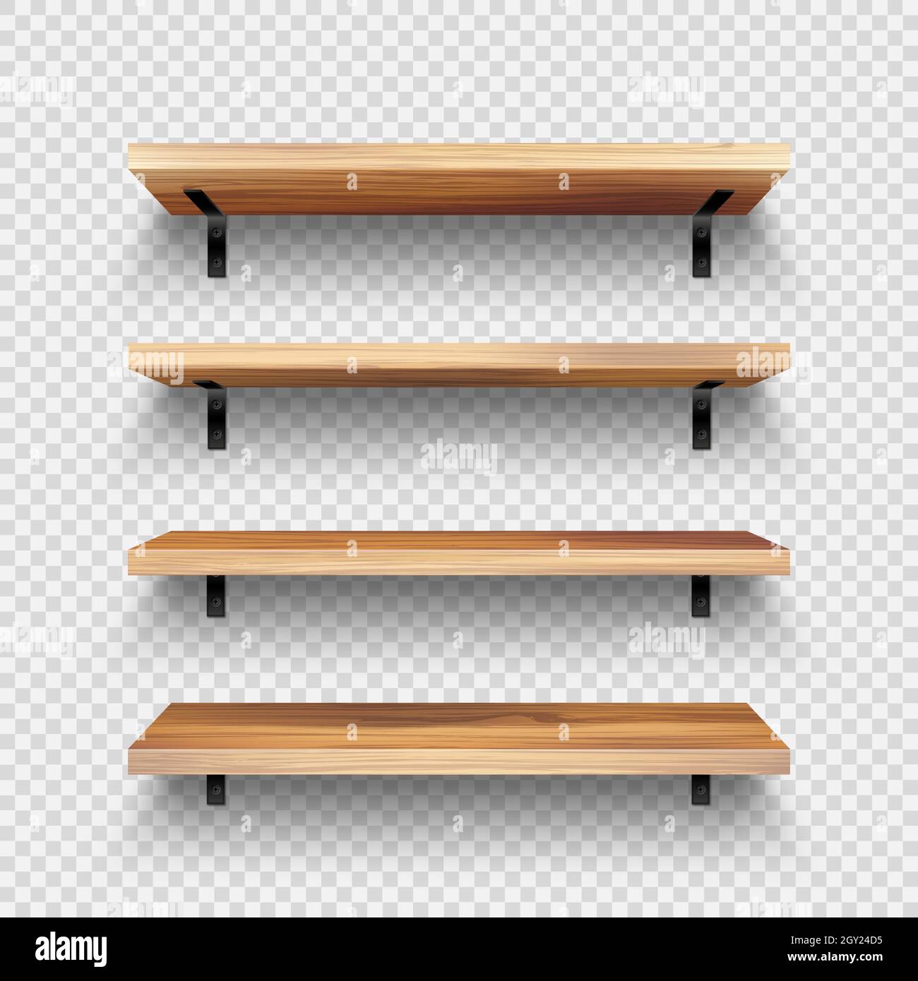 Realistic empty wooden store shelves set. Product shelf with wood ...
