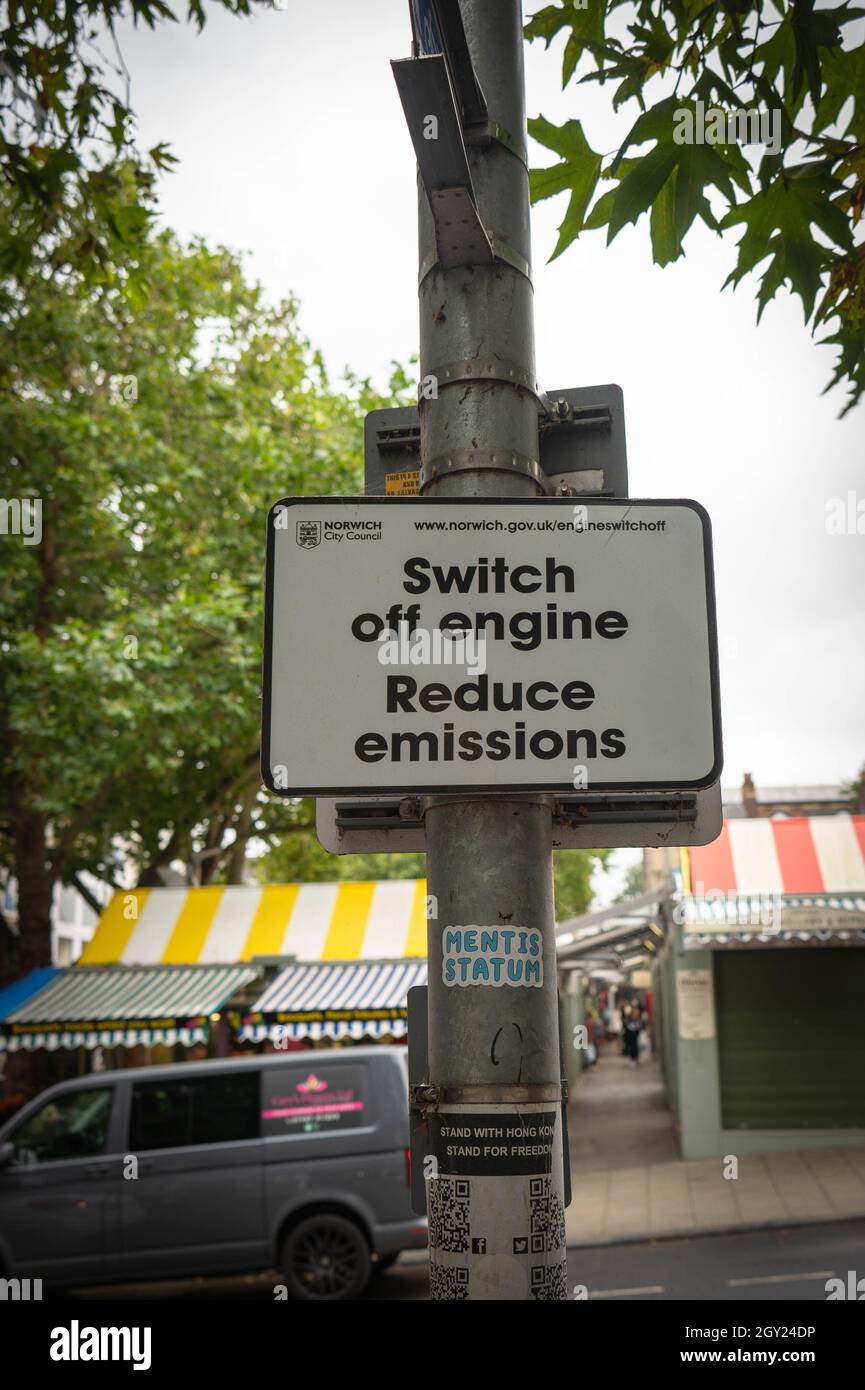 A sign above the taxi rank in Norwich City centre stating Switch off ...