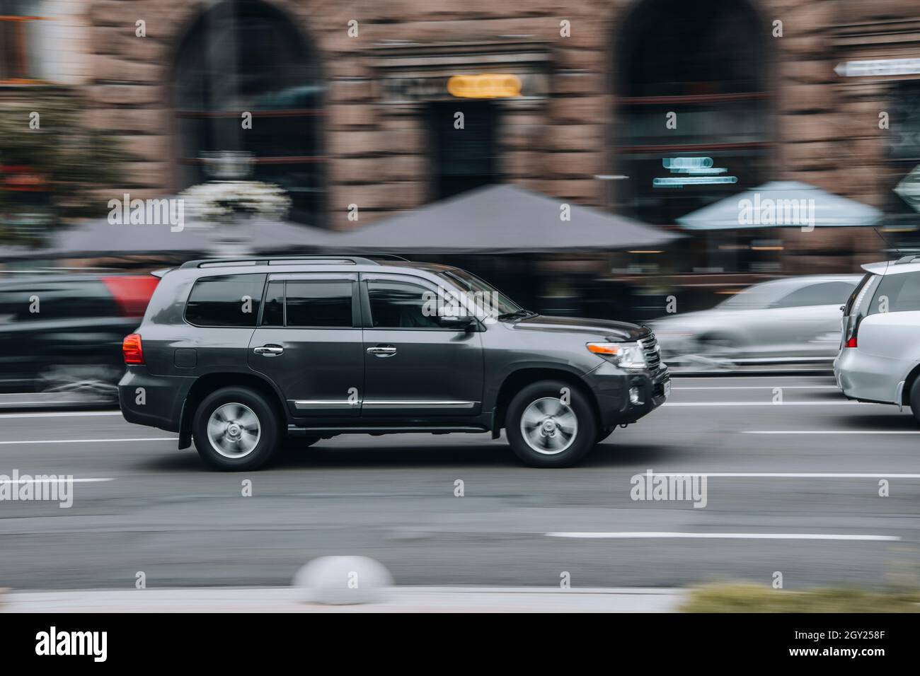 Ukraine, Kyiv - 2 June 2021: Gray Toyota Land Cruiser car moving on the ...