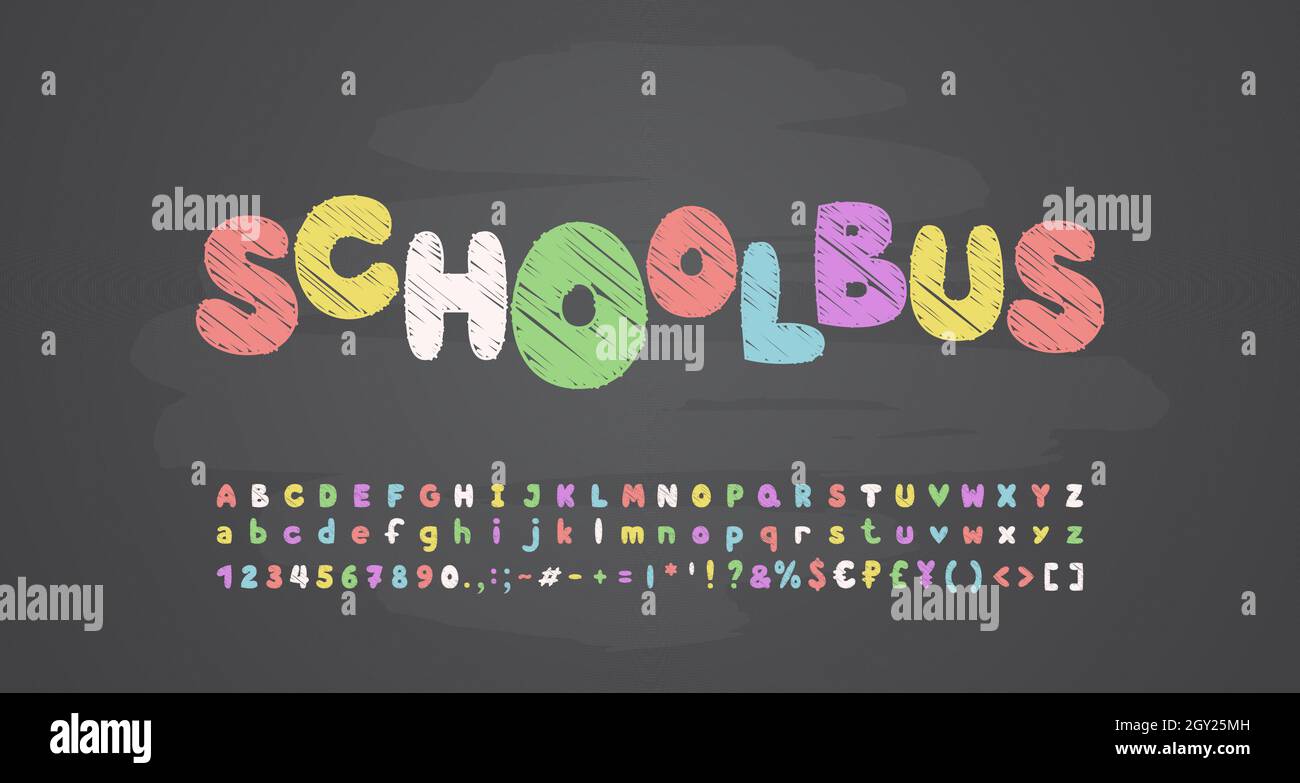 Multicolor school chalk bubble font, uppercase and lowercase letters ...