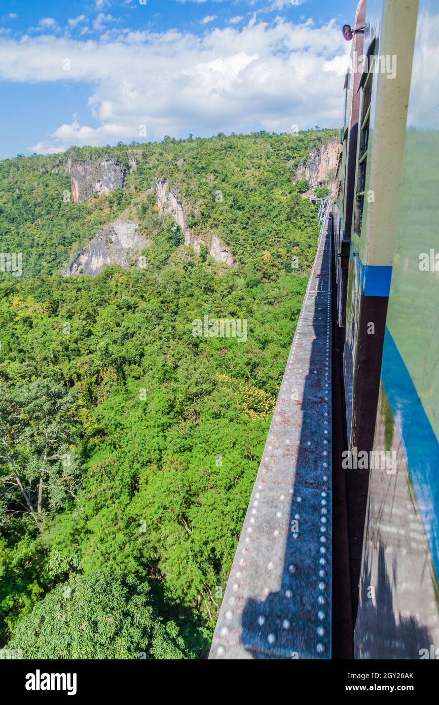 View from a train crossing Gokteik Gok Teik viaduct on the railway line ...