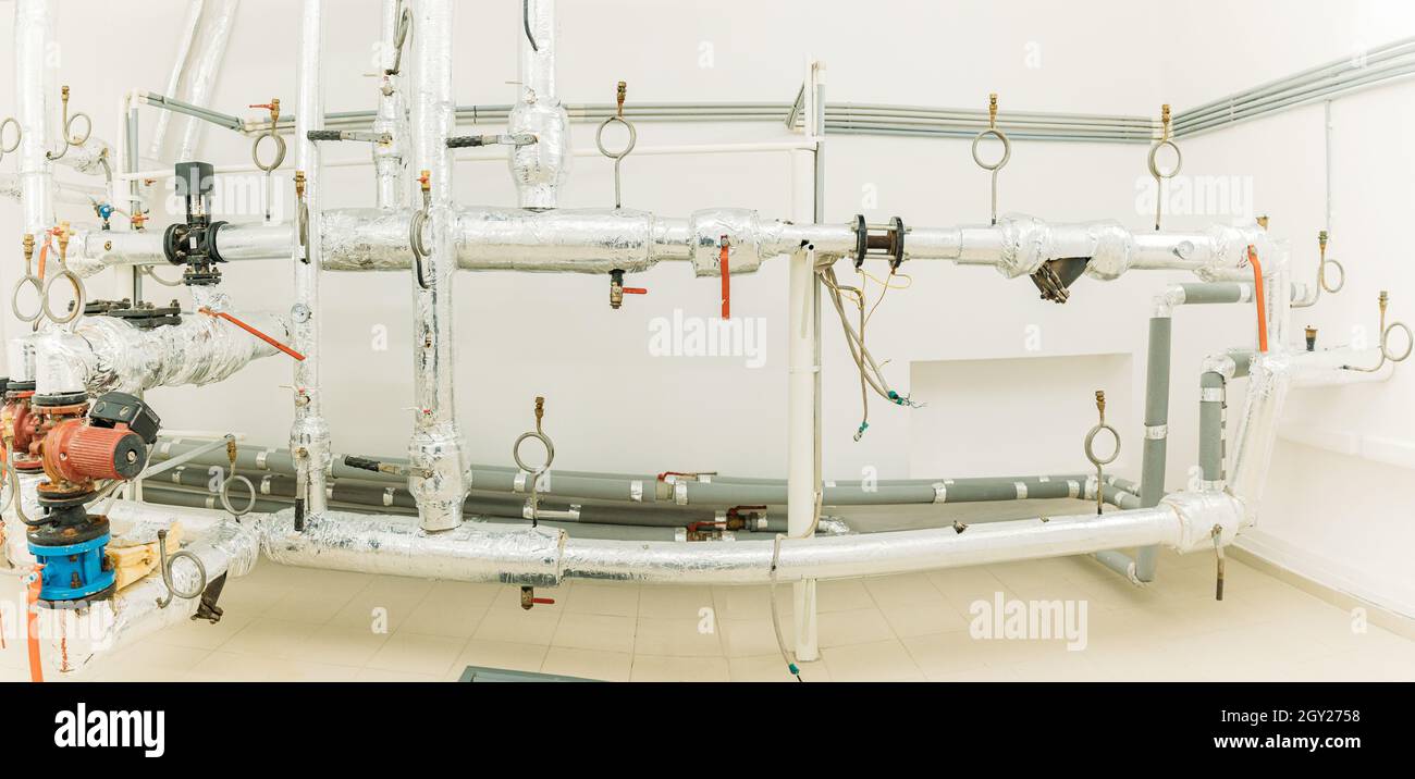 Boiler Room With Pipes, Valves, Pumps. Panorama. Panoramic View Stock ...