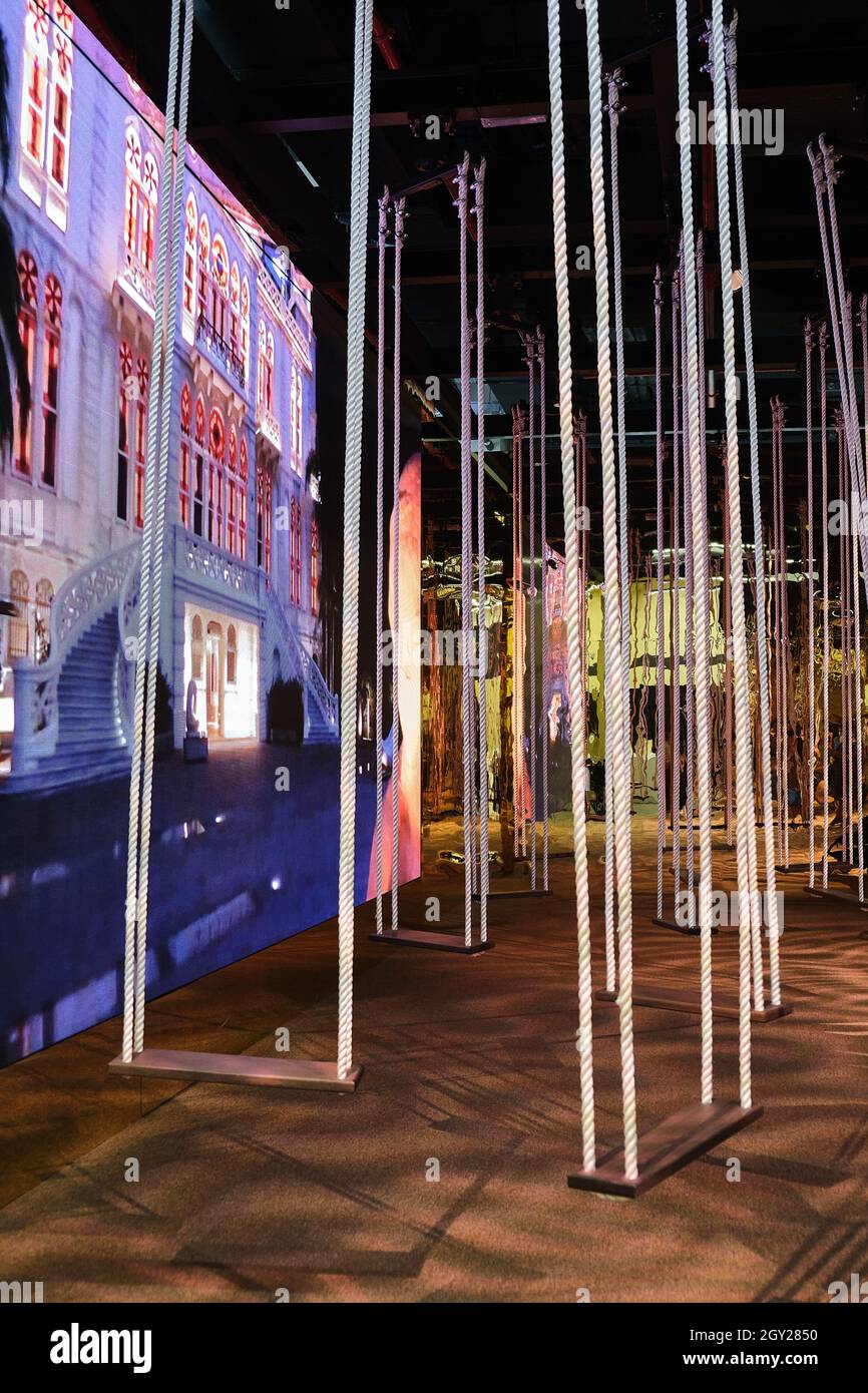 Wooden rope swings exhibition inside the Lebanon Pavilion in the ...