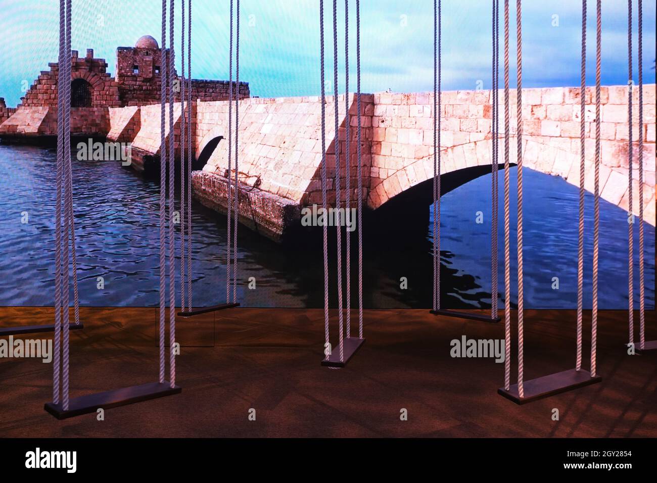 Wooden rope swings exhibition inside the Lebanon Pavilion in the ...