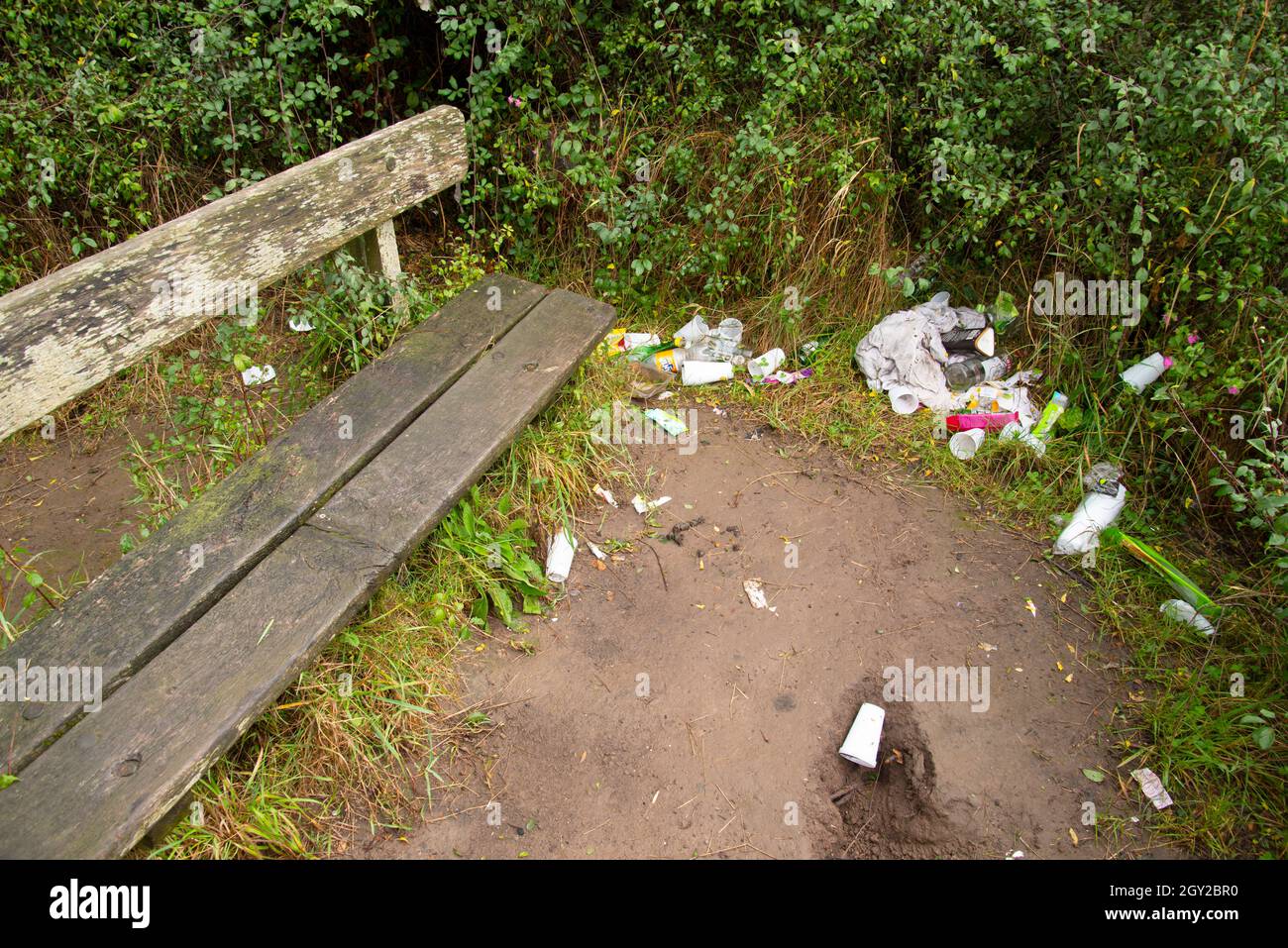 Park bench surrounded by litter and debris Stock Photo - Alamy