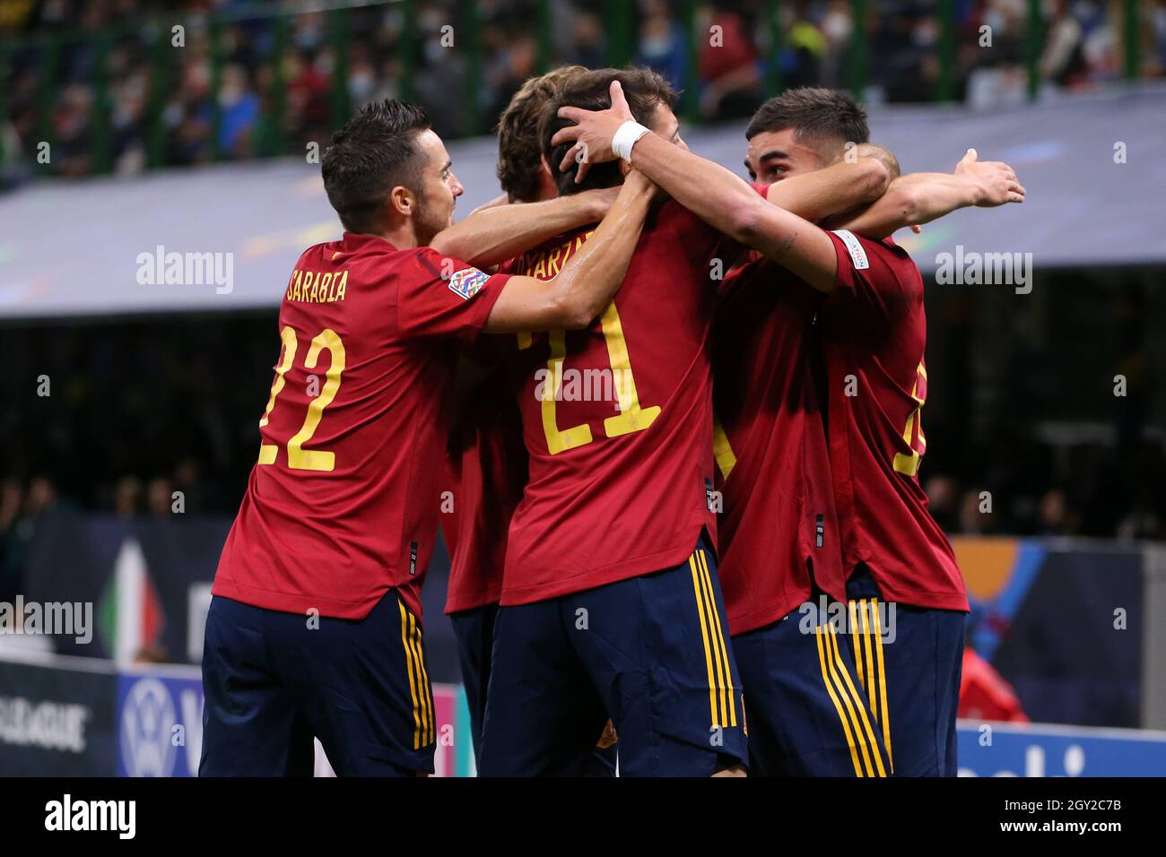 Milan, Italy, 6th October 2021. Ferran Torres of Spain celebrates with ...