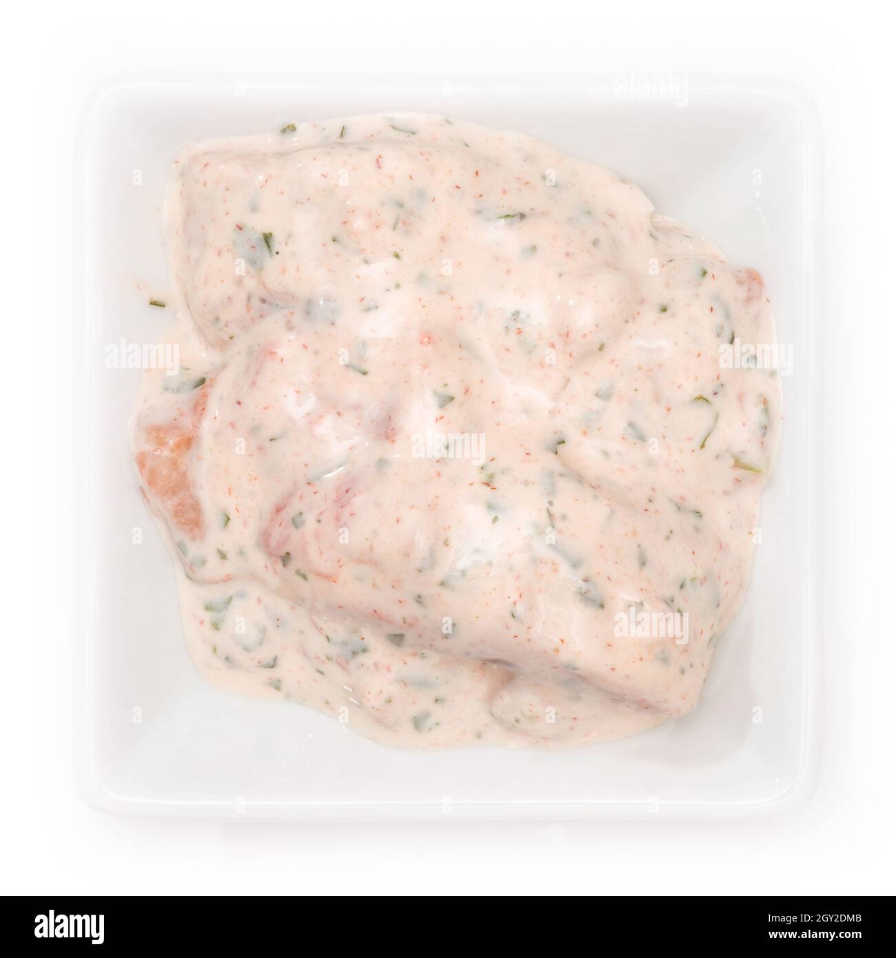 Top view of Matjes herring fish with cream sauce in a bowl Stock Photo ...