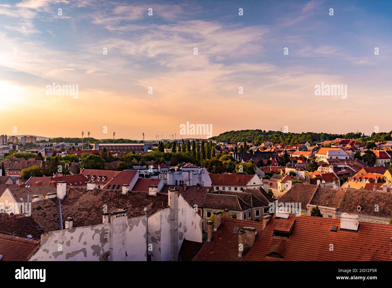 Aerial view on the city Sopron a sunny summer day from the Medieval ...