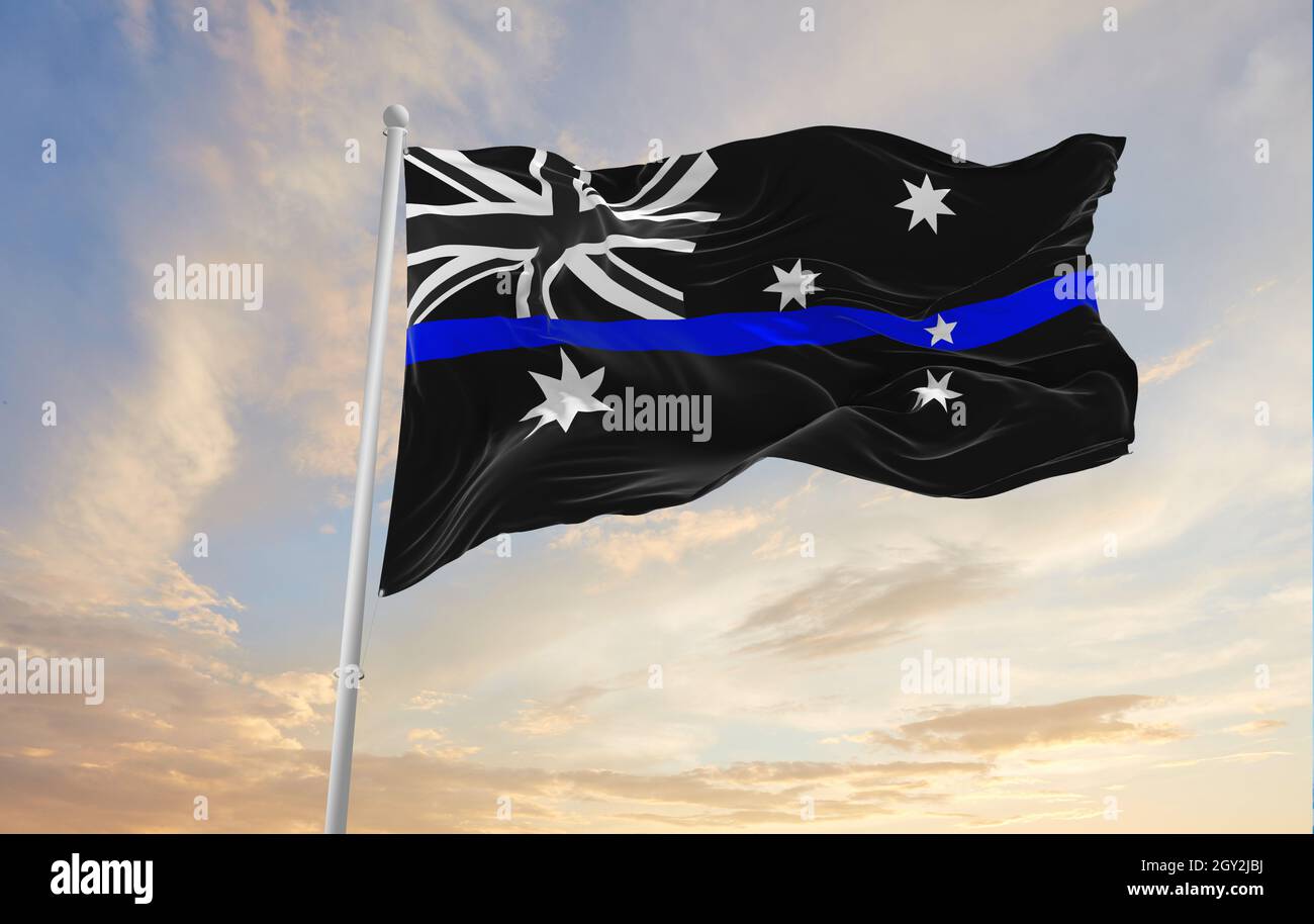Thin Blue Line, Australia flag waving at cloudy sky background on ...