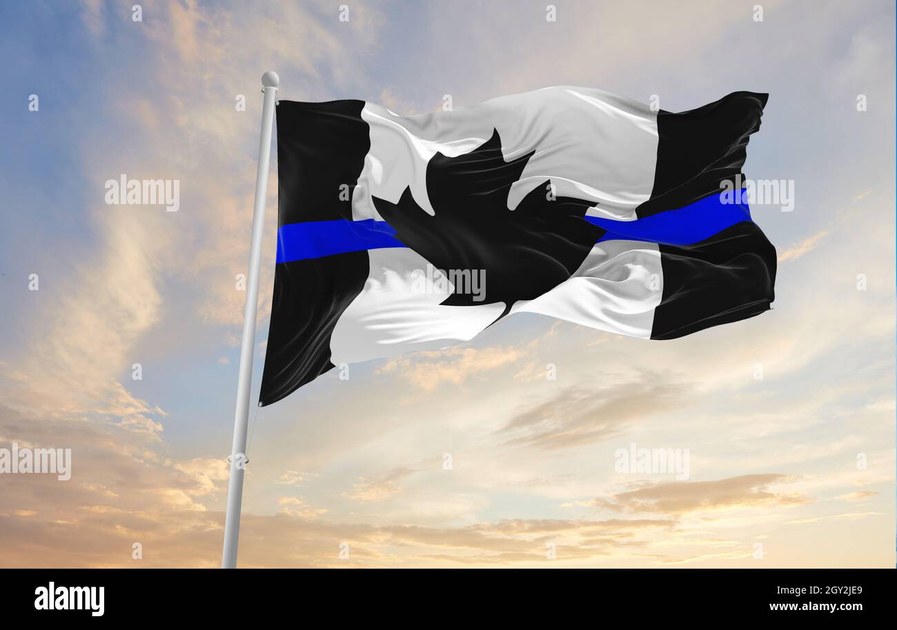 Thin Blue Line, Canada flag waving at cloudy sky background on sunset ...