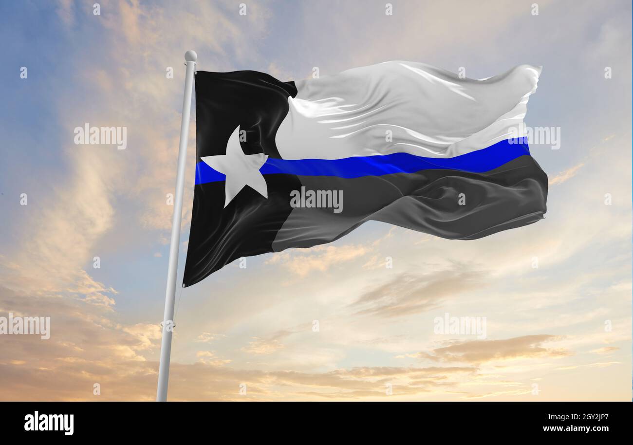 Thin Blue Line USA Texas flag waving at cloudy sky background on sunset ...