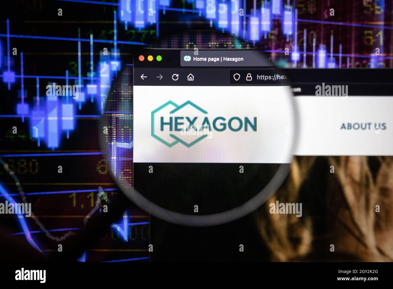 Hexagon company logo on a website with blurry stock market developments in the background, seen ...