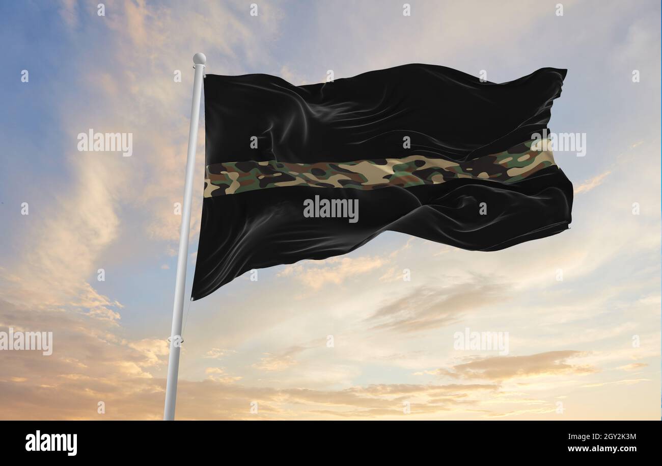 Thin Camo Line flag waving at cloudy sky background on sunset, Military ...