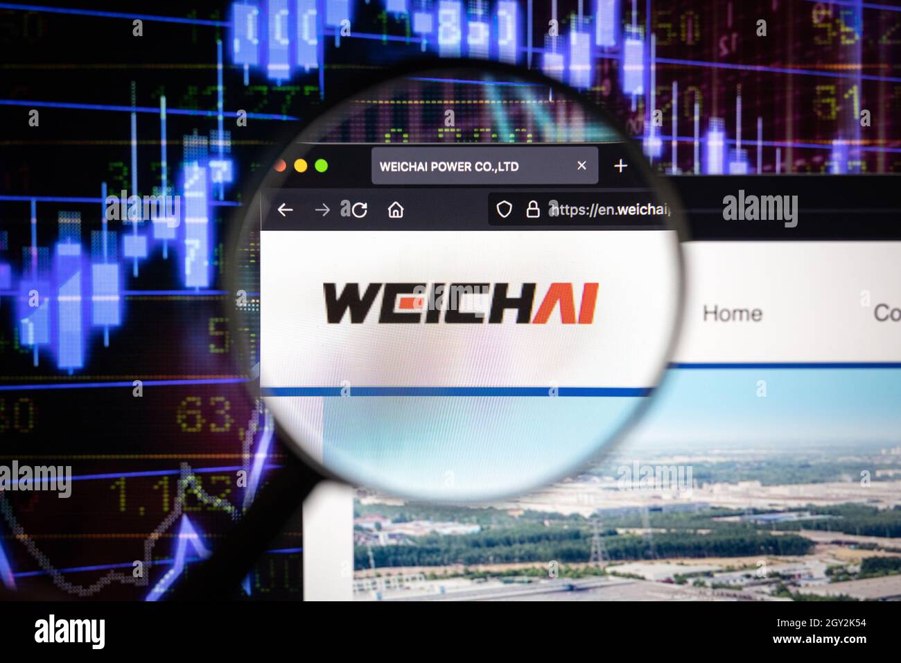 Weichai company logo on a website with blurry stock market developments ...