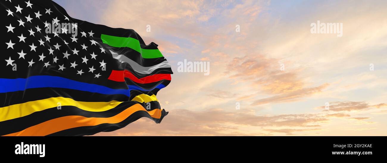 Thin Line First Responder flag waving at cloudy sky background on ...