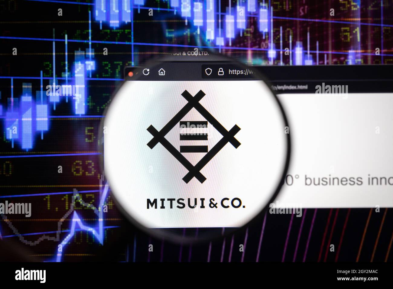 Mitsui company logo on a website with blurry stock market developments in the background, seen ...