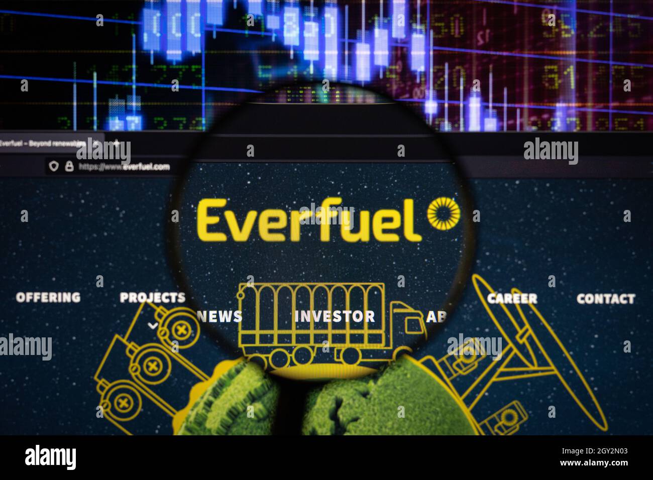 Everfuel company logo on a website with blurry stock market ...