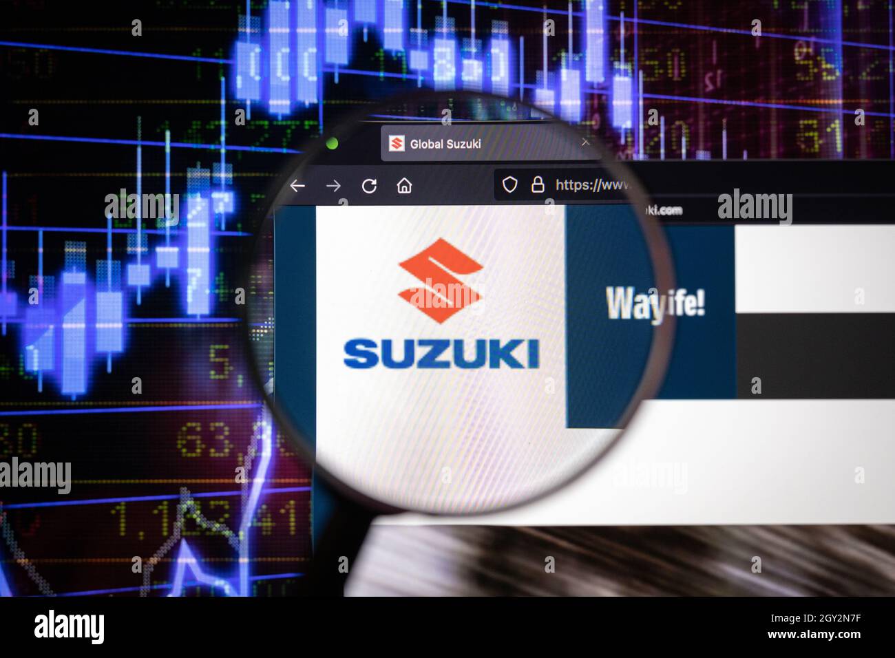 Susuki company logo on a website with blurry stock market developments in the background, seen ...