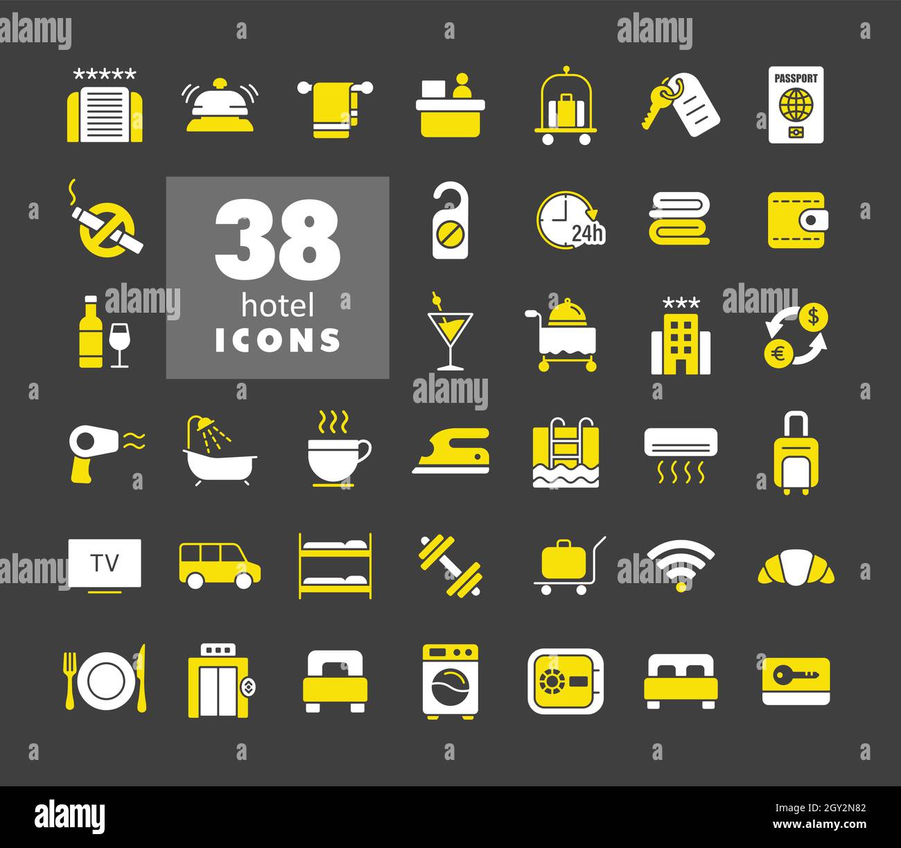 Hotel vector flat icon set on dark background. Graph symbol for travel ...