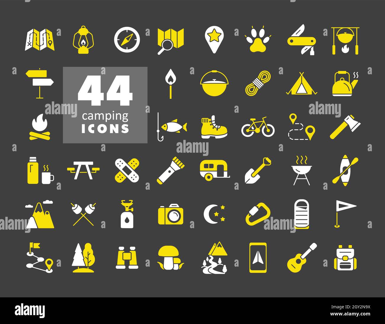 Camping, Hiking, Nature and Outdoor Activities icons set on dark ...