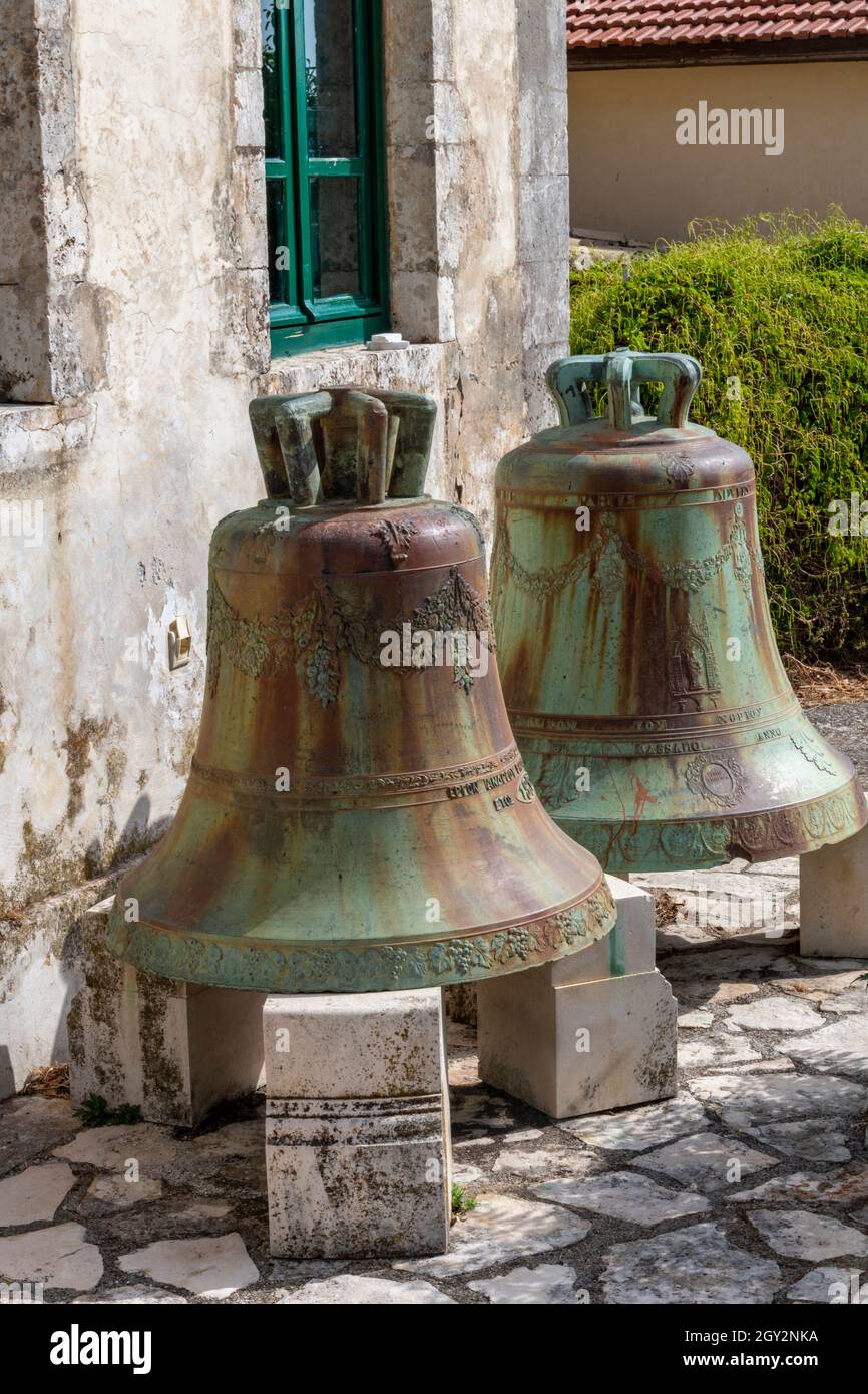 two large cast bronze bells at the church of agios marina on the greek ...