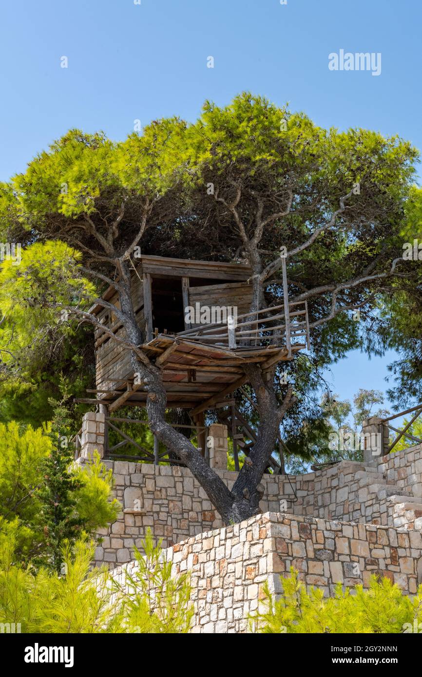 tree house built high in a garden tree as a playhouse or fun place for ...
