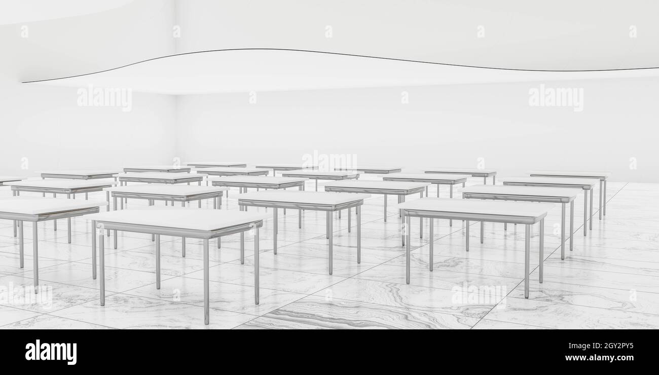 View of an empty abstract white classroom with chairs and tables 3d ...