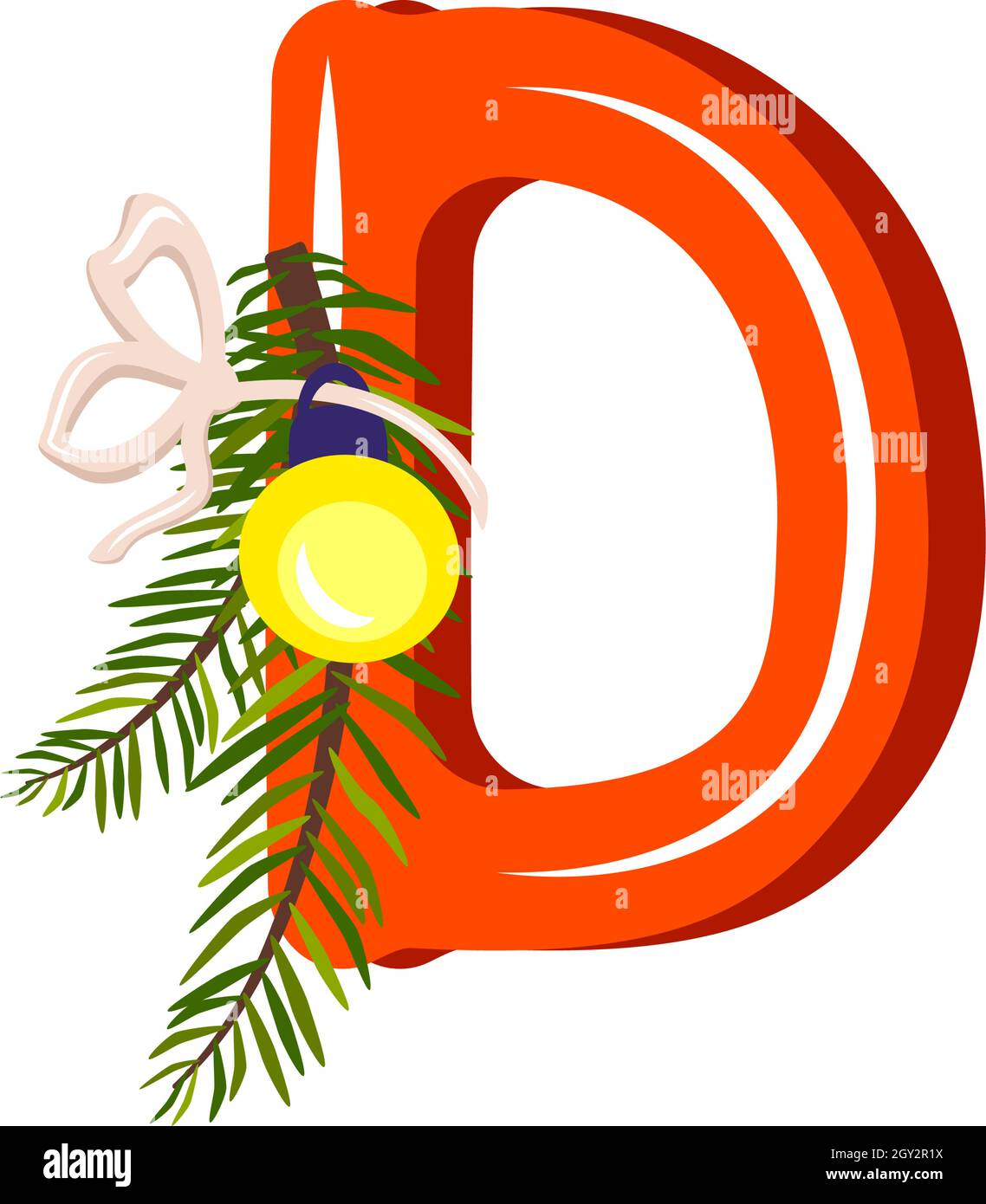 Red letter D with green Christmas tree branch, ball with bow. Festive ...