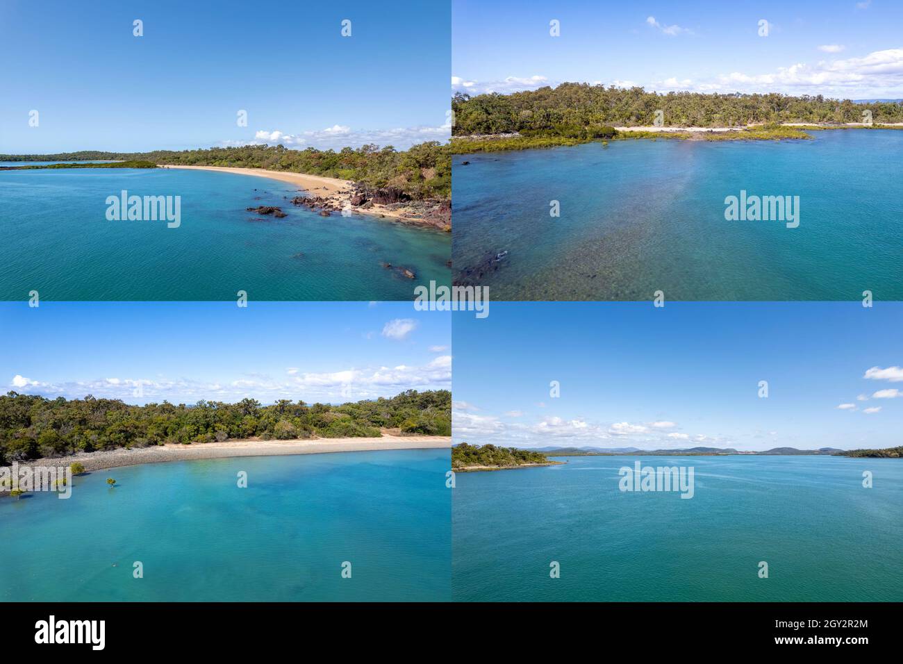 Drone aerial collage of images of the clear deep blue water in the ...