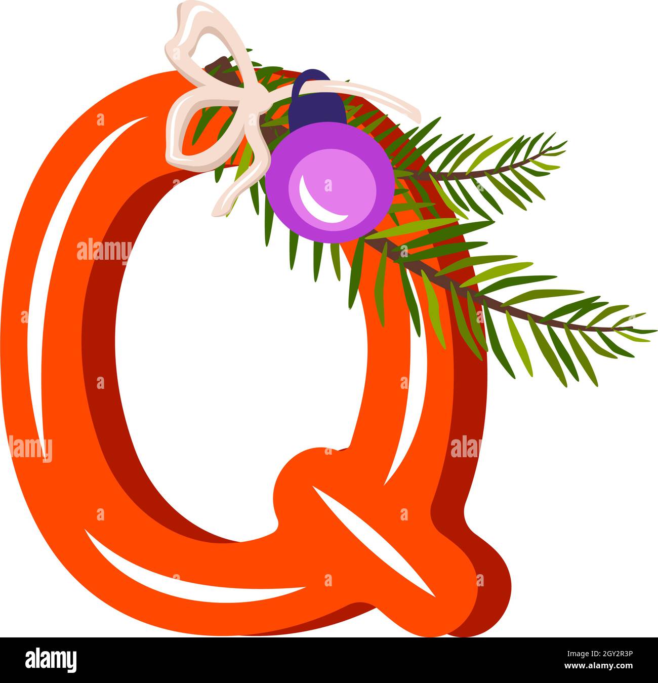 Red letter Q with green Christmas tree branch, ball with bow. Festive ...