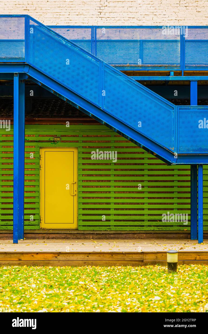 Bright colorful building facade, front view, colorful multicolored wall ...