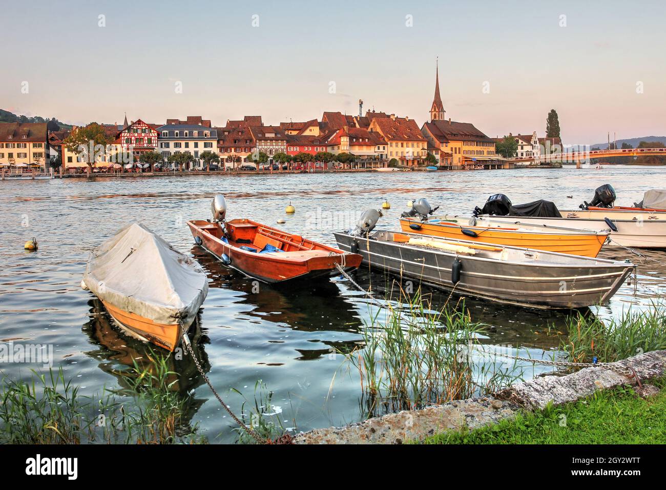 Sunset light in Stein am Rhein, a historic town west of Lake Constance ...
