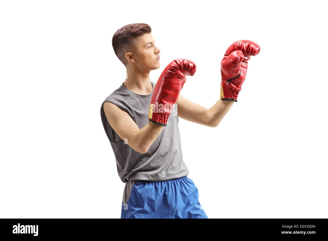 Guy exercising with boxing gloves isolated on white background Stock ...