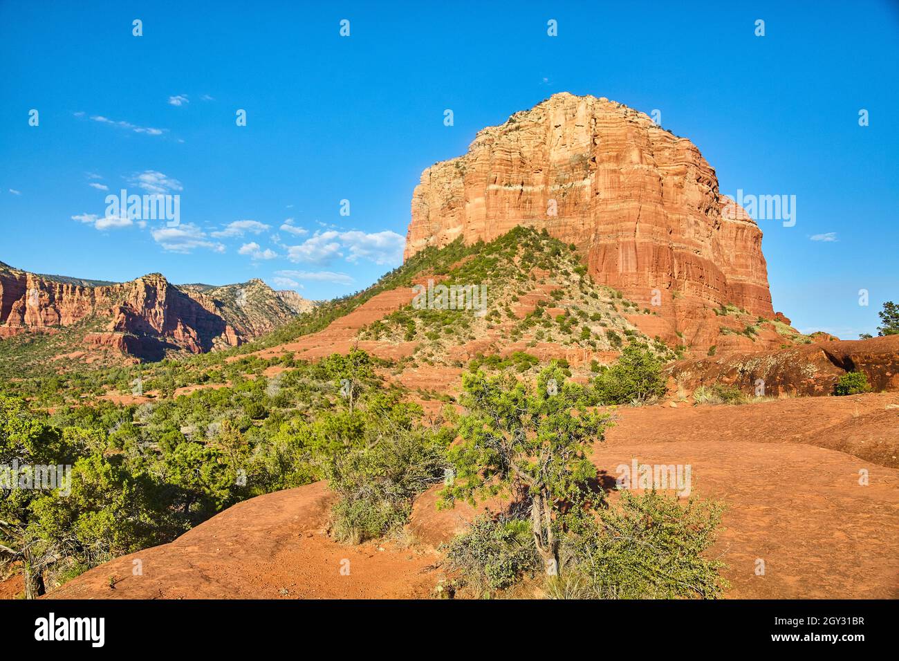 Orange rock juts out of the ground with scrubby grasses and trees ...