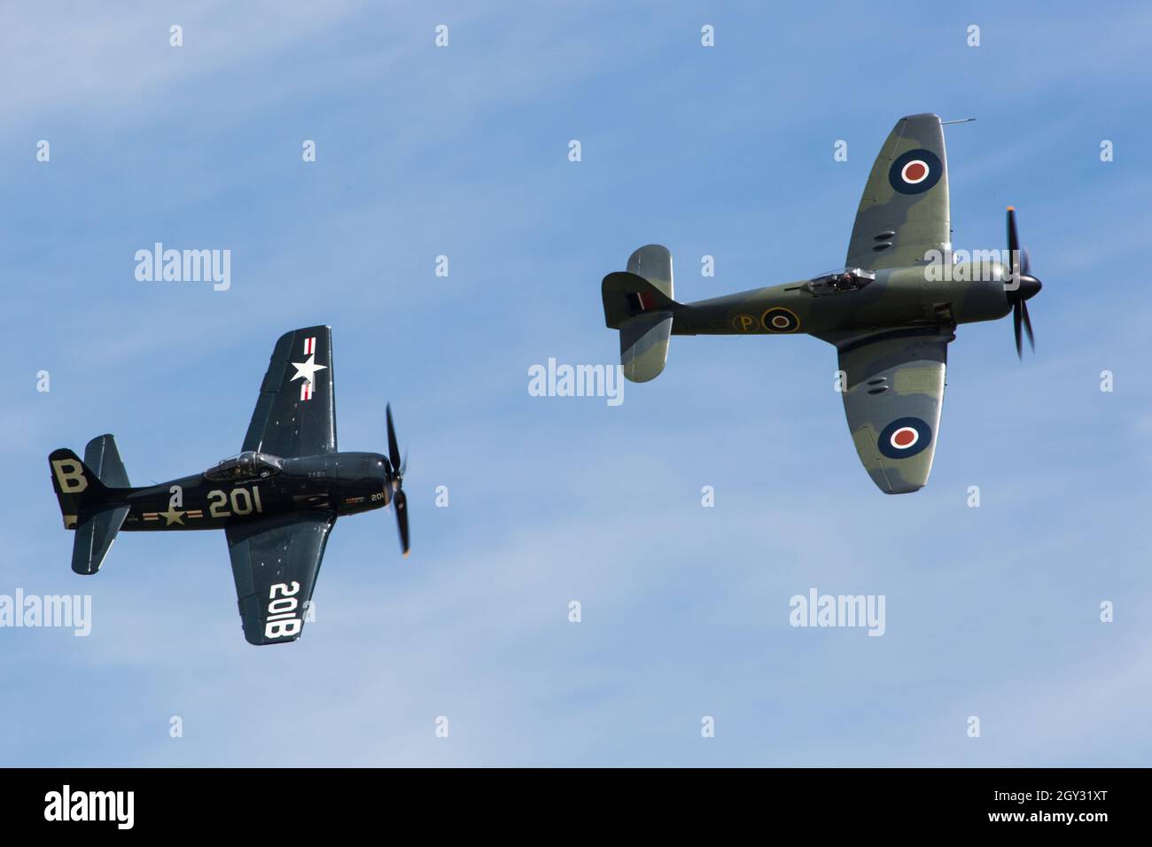 US Navy Grumman F8F Bearcat Vintage WW2 Fighter and Royal Navy Hawker ...