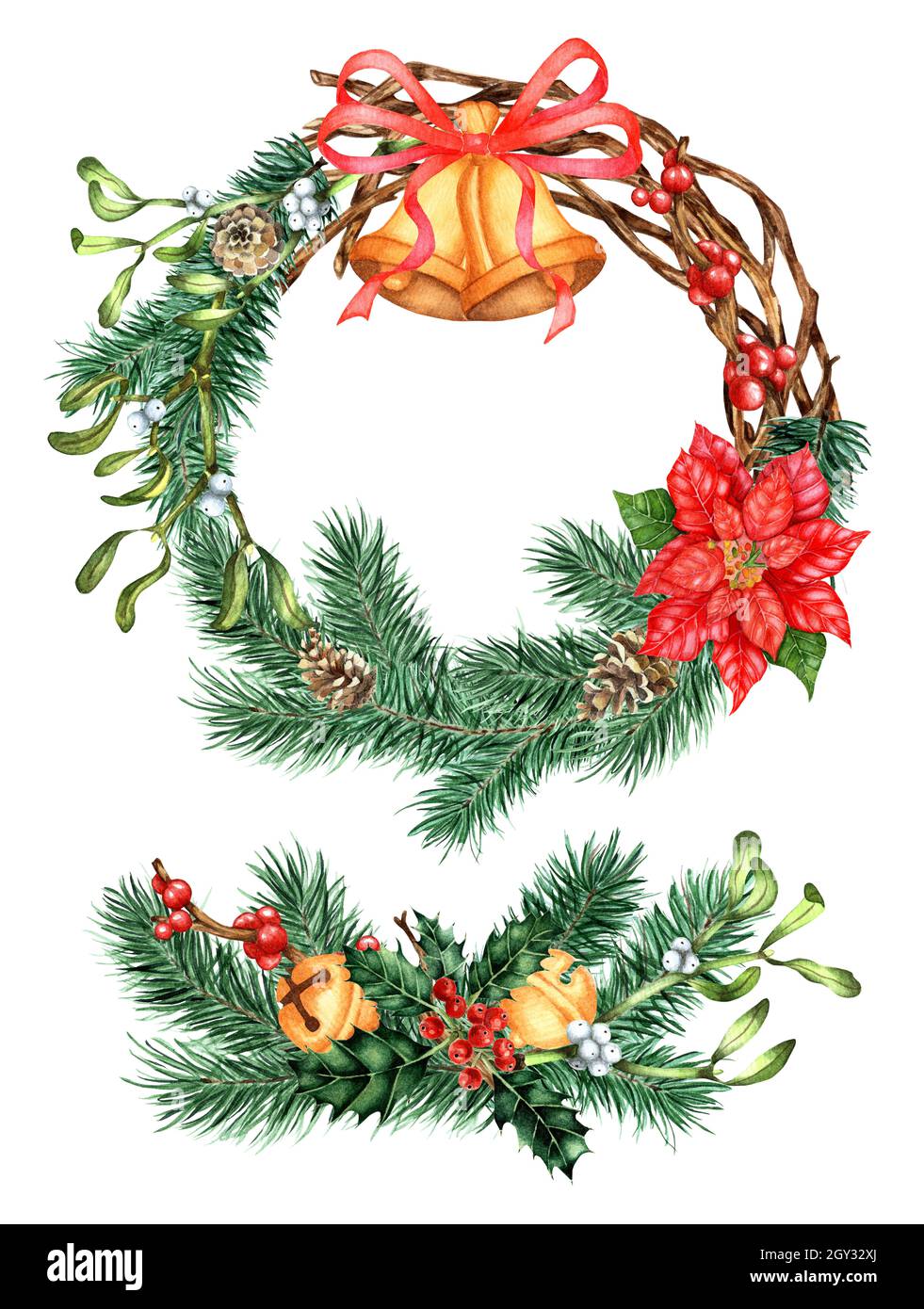 Watercolor set of Christmas and New Year decor. The wreath and bouquet ...