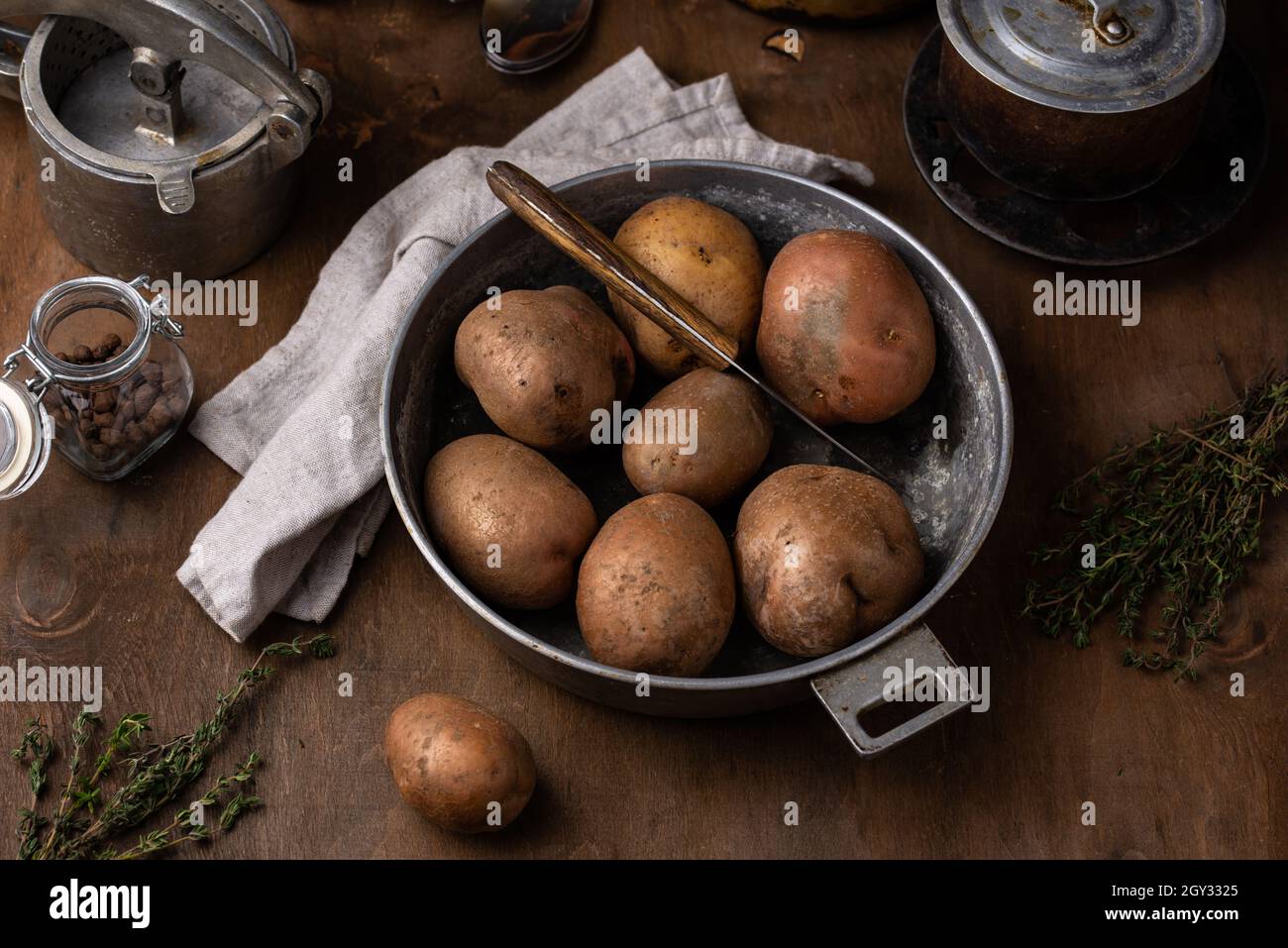 Raw uncooked potato in old vintage pot Stock Photo - Alamy