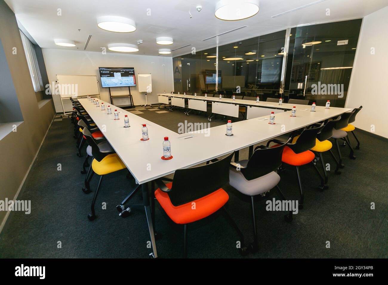 PARIS, FRANCE - Sep 01, 2018: A wide and close shots of office interior ...