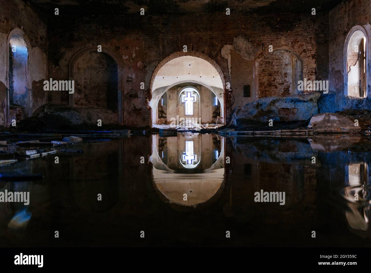 Large flooded hall of ruined abandoned church Stock Photo - Alamy