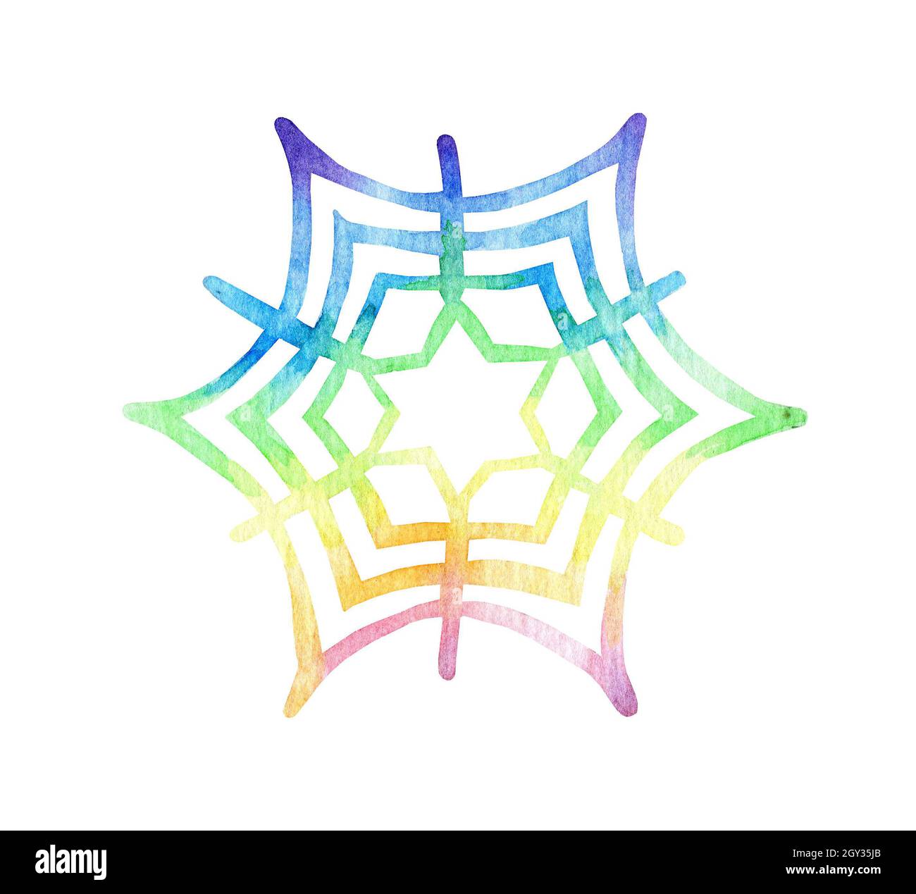 Watercolor illustration of multicolored snowflake. Snow shimmering in ...