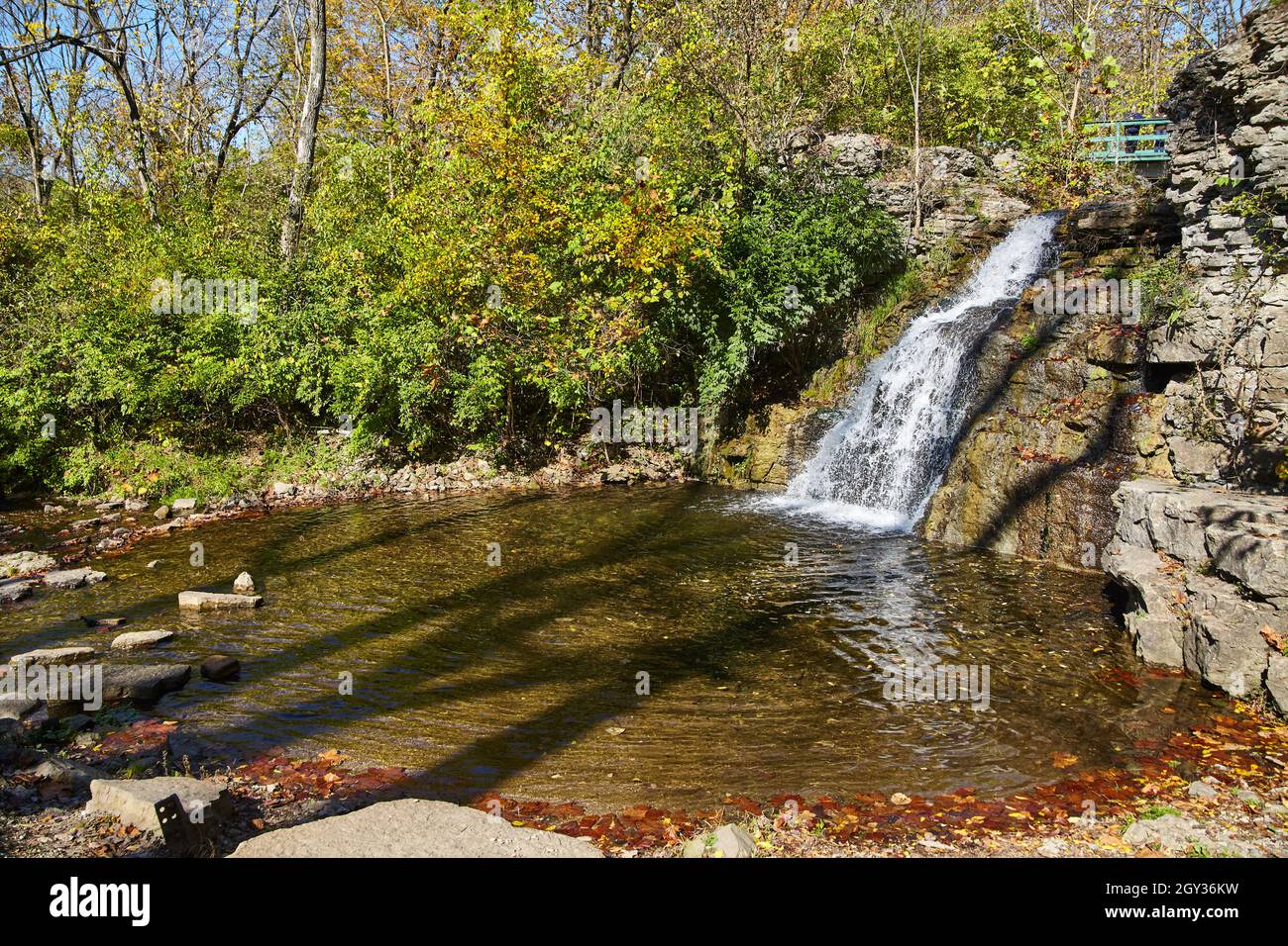 Small waterfall over rocks going into pond with green trees and walking ...