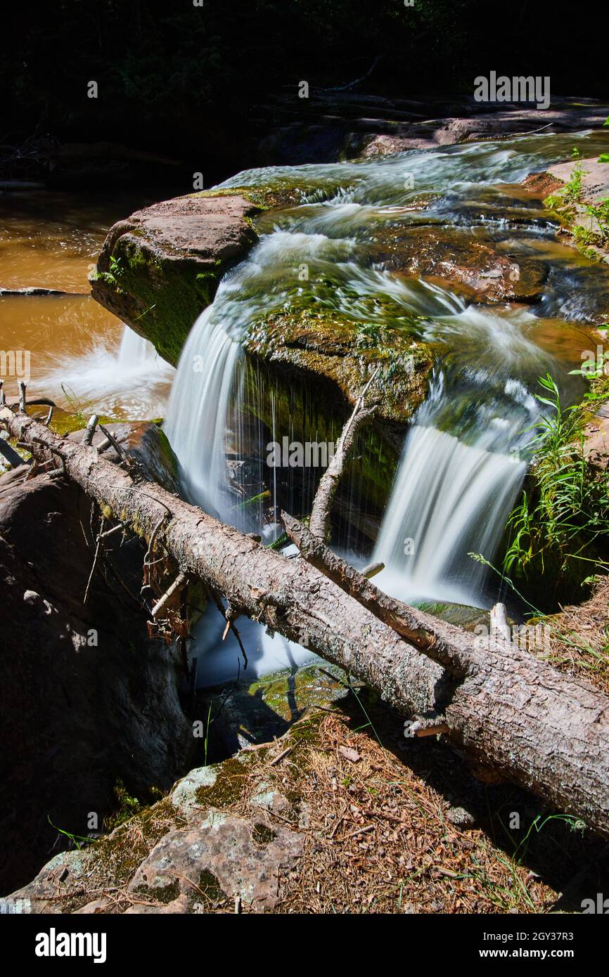Log over small waterfall with brown river and algae Stock Photo - Alamy