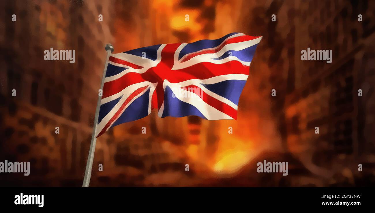 England flag and apocalyptic city. Panoramic view. Artistic work Stock ...